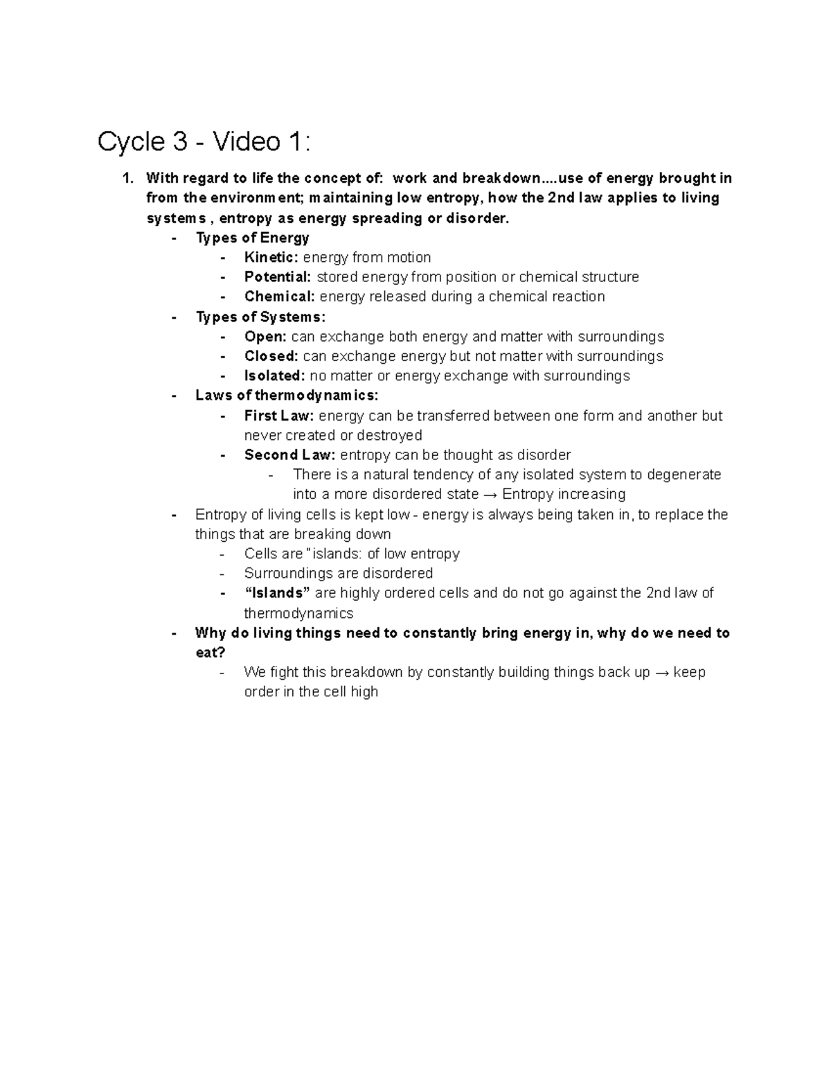 Bio Outcomes Cycle 3 - Entropy, Enthalpy, Gibbs free energy, Secretory ...