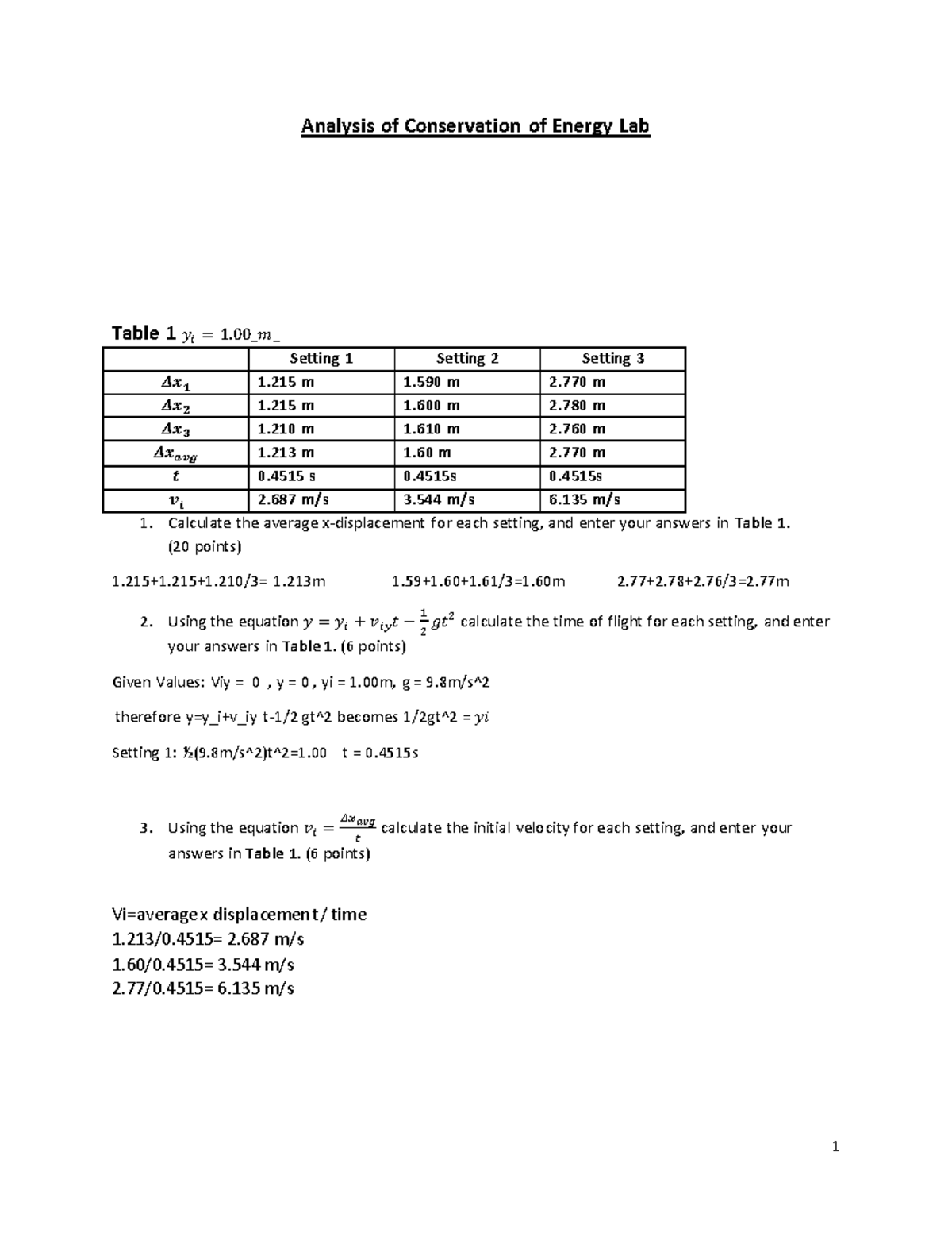Conservation of Energy Lab 2 - 1 Analysis of Conservation of Energy Lab ...