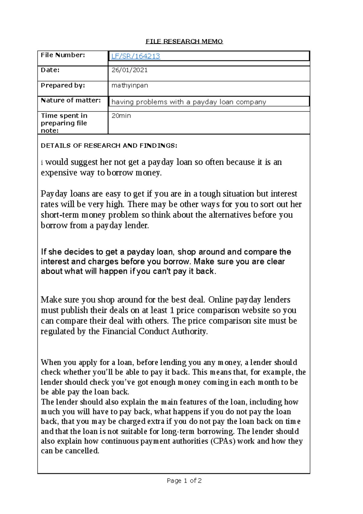 Mathy Inpan - Research Memo Template - FILE RESEARCH MEMO File Number ...