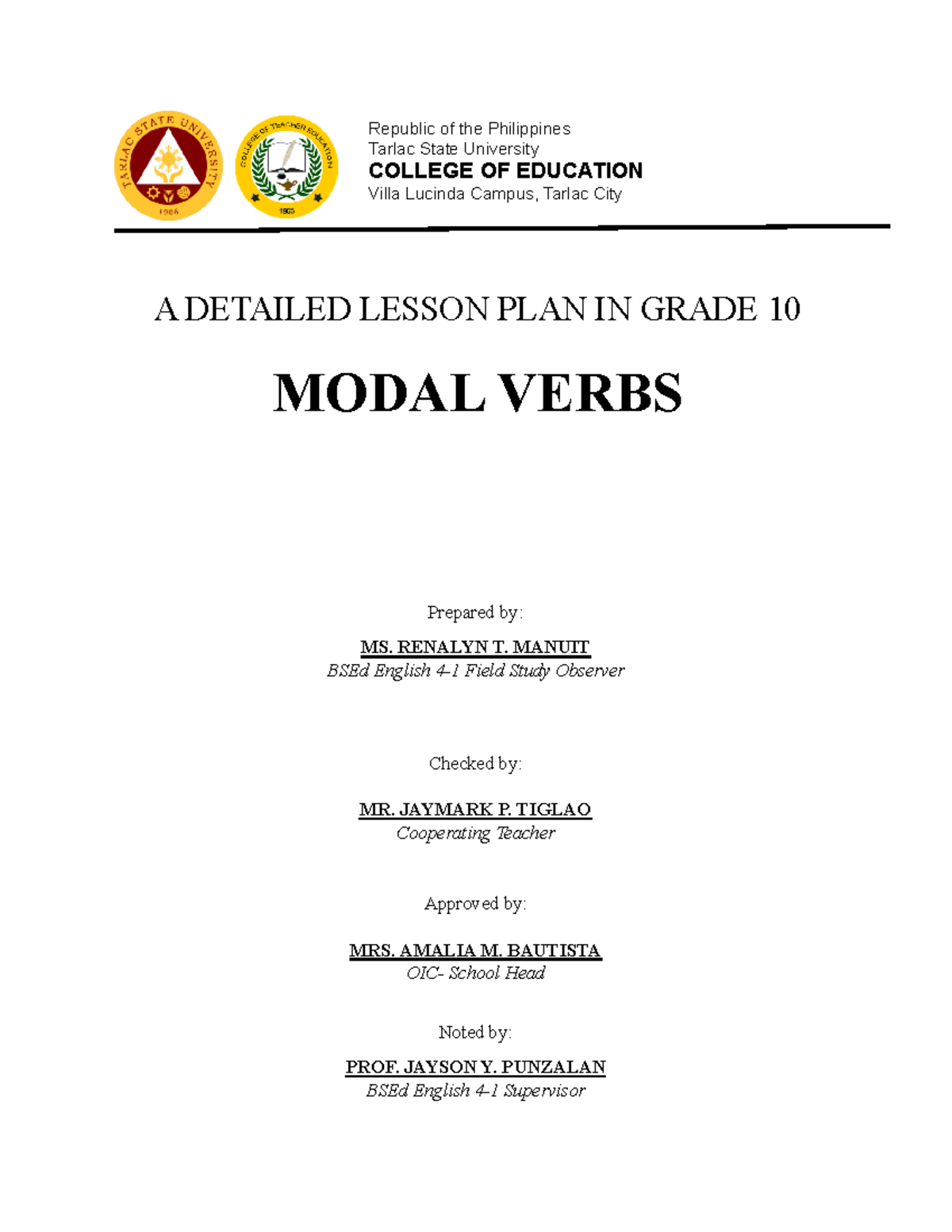 Local DEMO Modal Verbs Lesson-PLAN - A DETAILED LESSON PLAN IN GRADE 10 ...