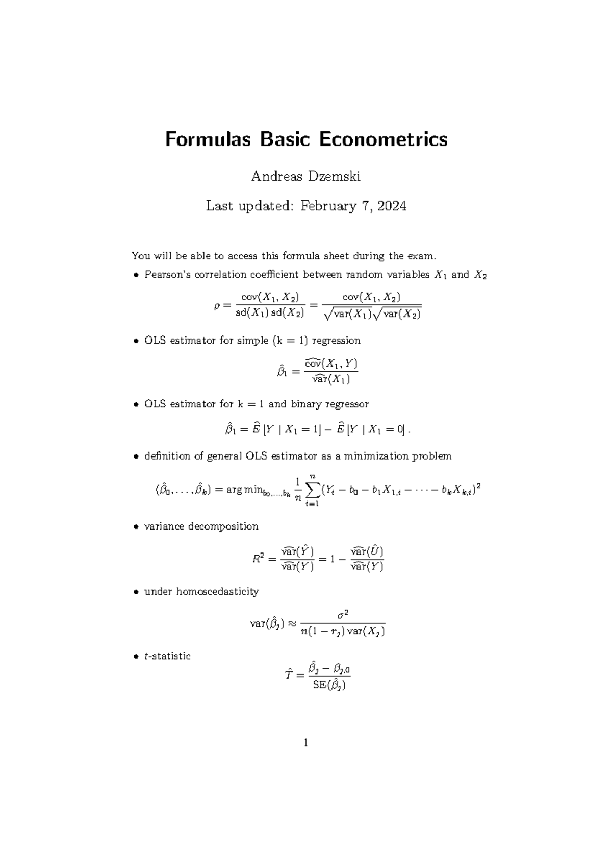 Exam-formulas - Formulas Basic Econometrics Andreas Dzemski Last updated: February 7, 2024 You ...