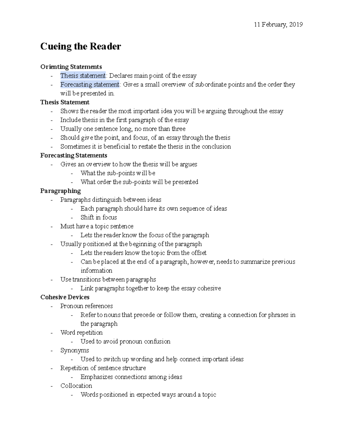 ENG 123 (Cueing the Reader) - 11 February, 2019 Cueing the Reader ...
