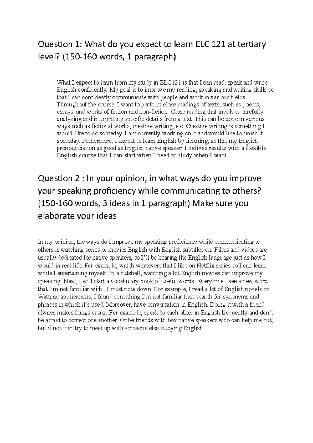 Assignment 1 ELC121 - Question 1: What do you expect to learn ELC 121 ...