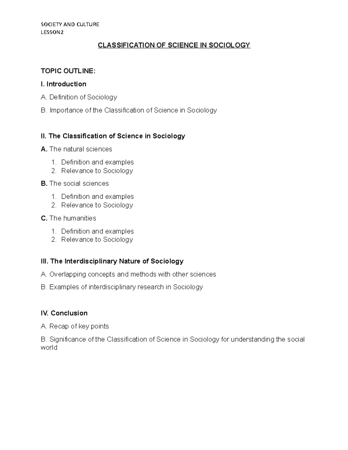 Classification of Science in Sociology - SOCIETY AND CULTURE LESSON ...