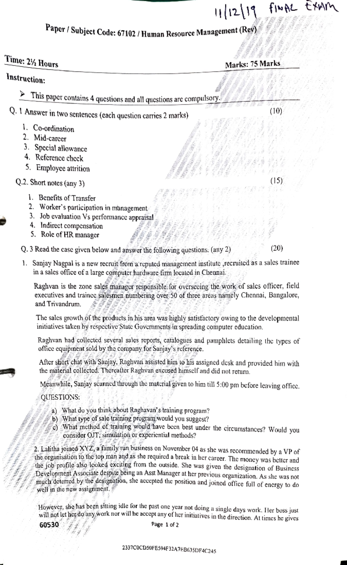 HRM paper - Nagdasx fvvasgv - 121 fiwA tM ####### raper/Subject Code ...