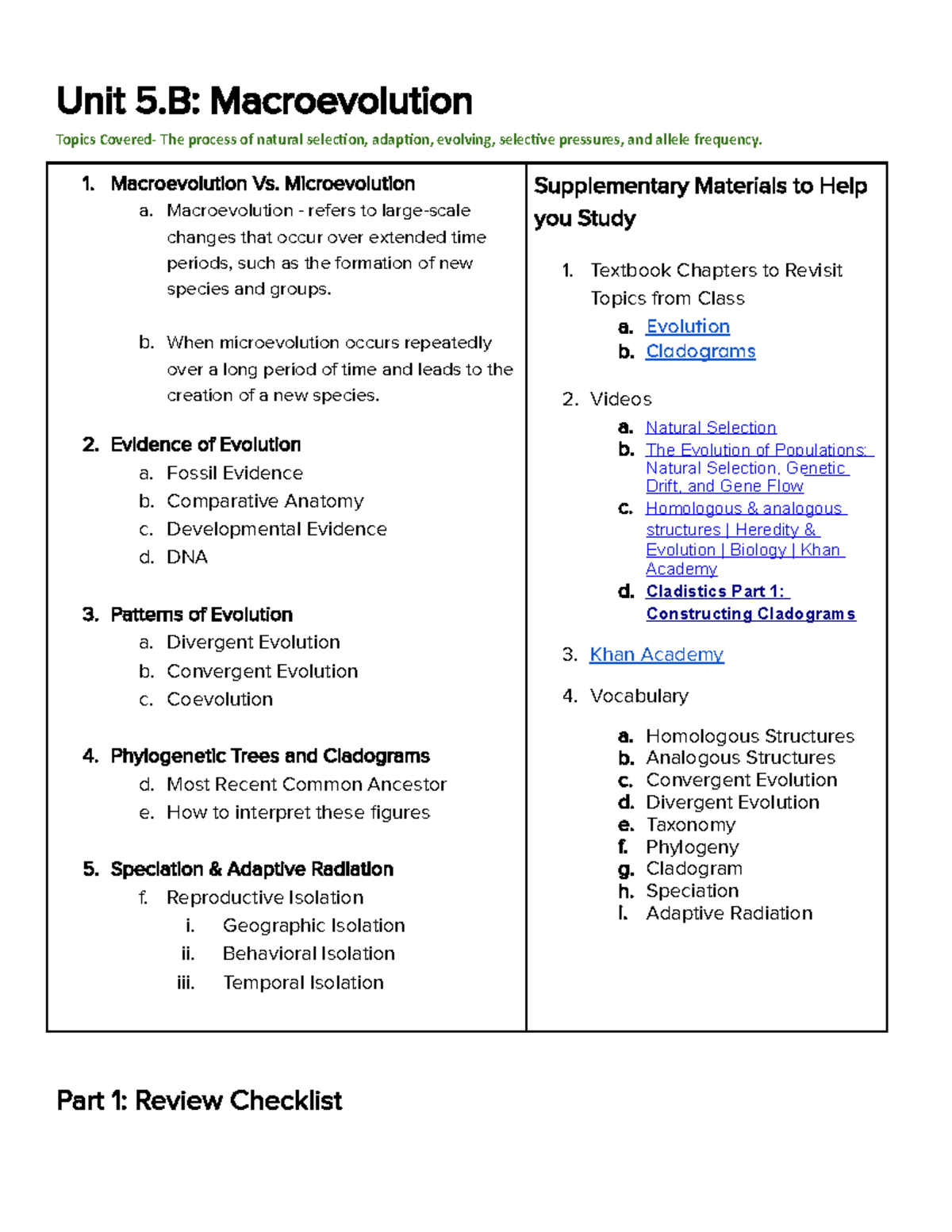 Sykes - study guide - Unit 5 .B: Macroevolution Topics Covered- The ...