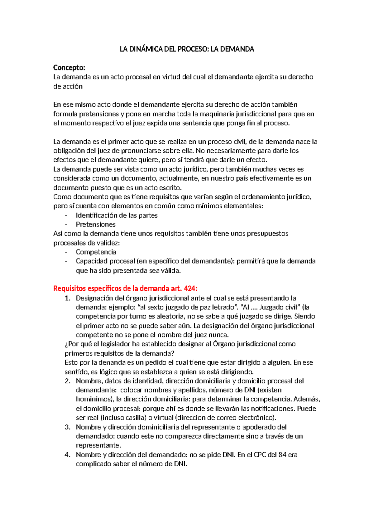 Dinamica del proceso - LA DINÁMICA DEL PROCESO: LA DEMANDA Concepto: La ...