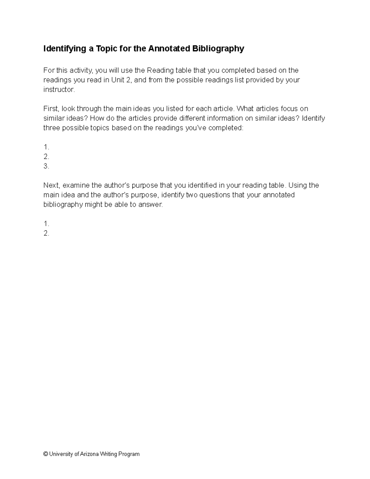 2 Identifying a topic for the Annotated Bibliography - First, look ...