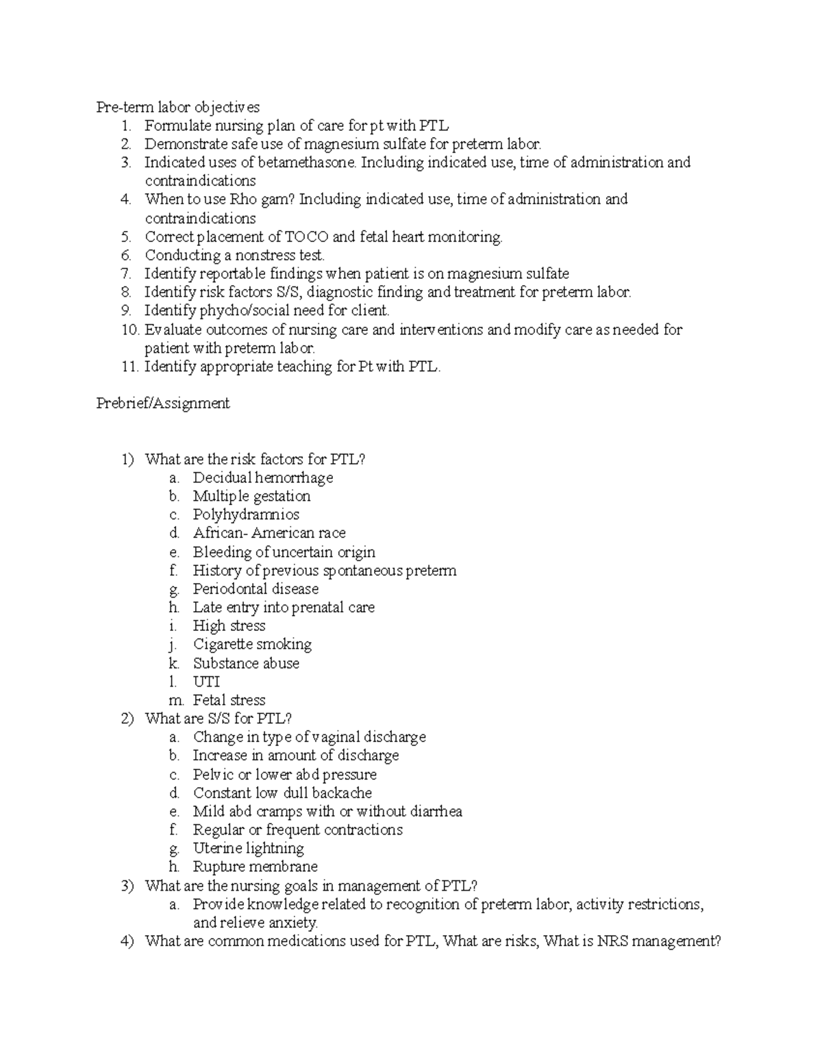Preterm Labor SIM - Pre assignment for Simulation Experience in OB ...