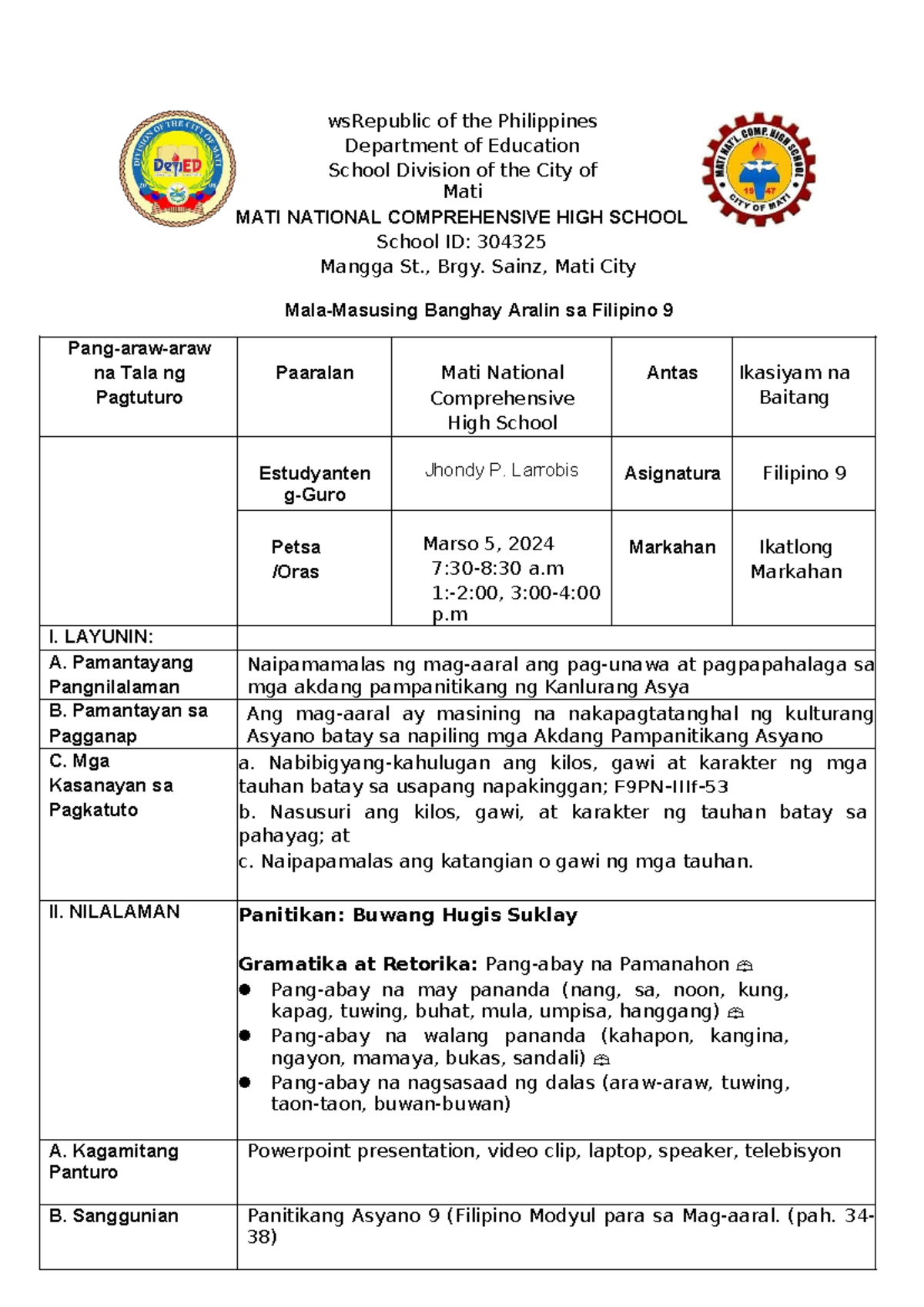 WEEK 2 DAY 1 Alamat - wsRepublic of the Philippines Department of ...