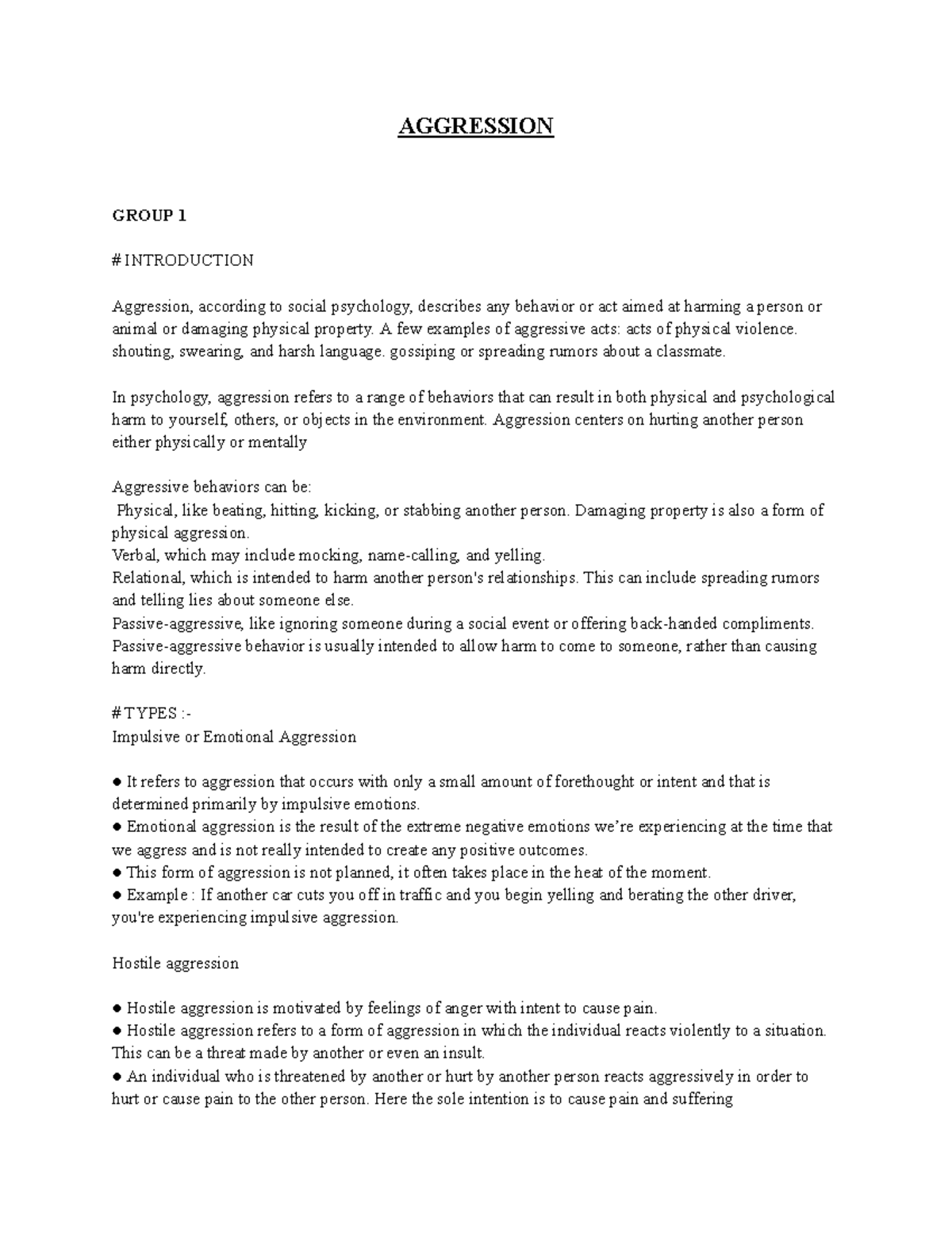 Aggression Notes Final - AGGRESSION GROUP 1 # INTRODUCTION Aggression ...