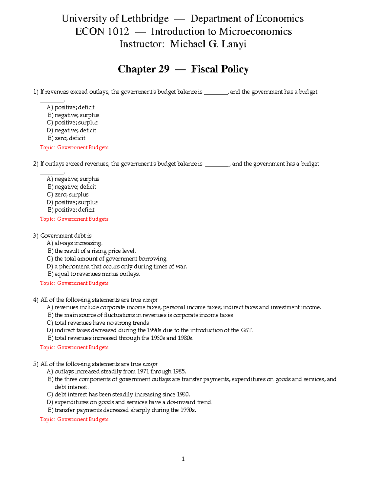 CH 29 Fiscal Policy - Multiple Choice Practice - University of ...