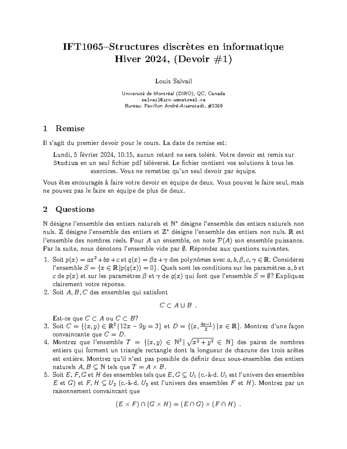 Devoir 1 - IFT1065–Structures discrètes en informatique Hiver 2024 ...