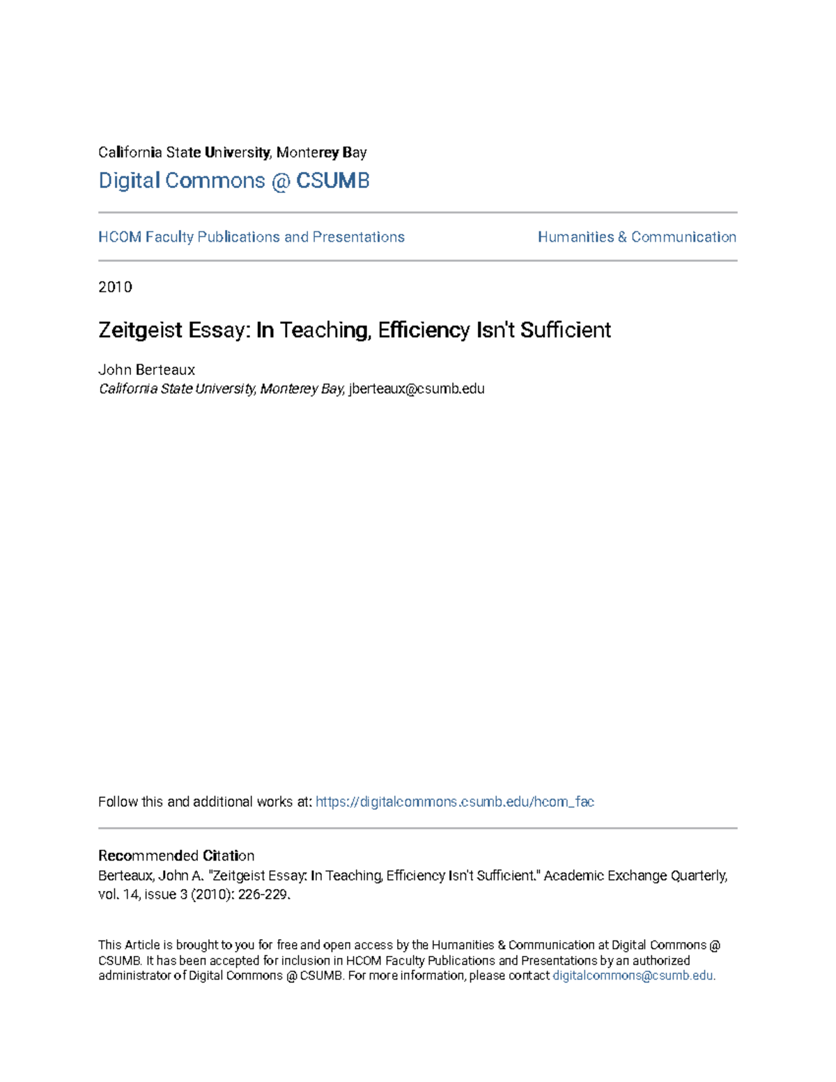 Zeitgeist Essay In Teaching Efficiency Isnt Sufficient - ####### California State University ...