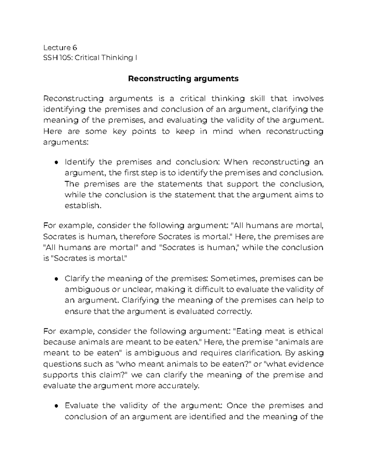 Lecture 6 SSH 105 Critical Thinking I - Here are some key points to ...