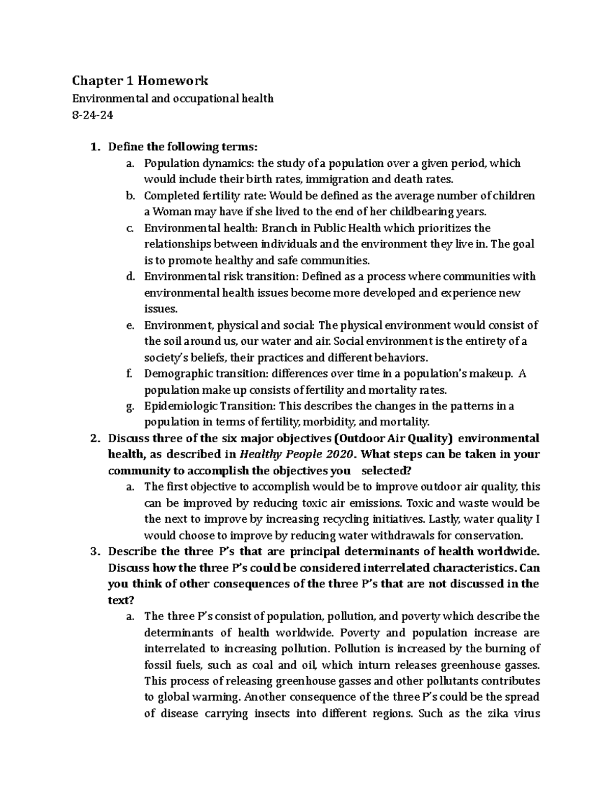 Chapter 1 Homework - Chapter 1 Homework Environmental and occupational ...