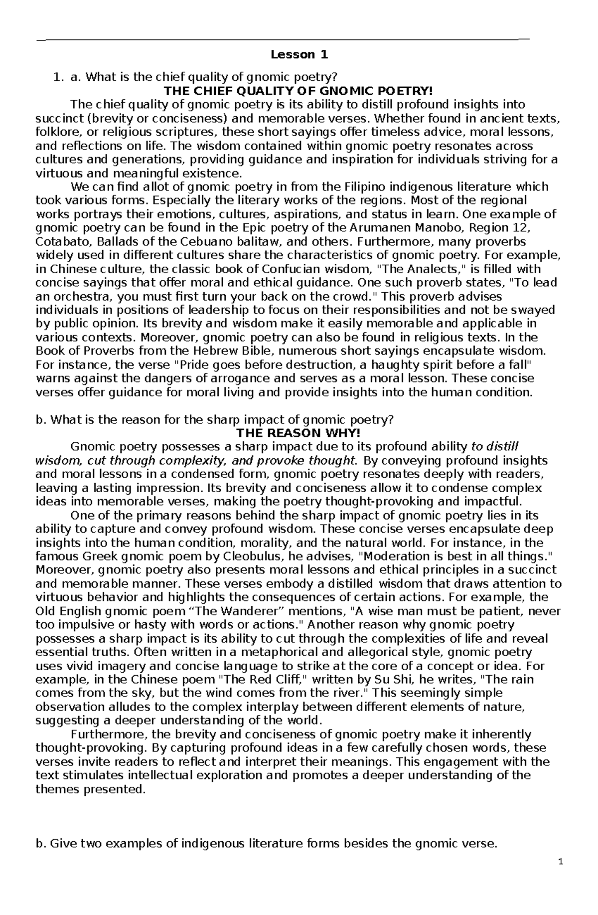 Literature A - None - Lesson 1 1. a. What is the chief quality of ...