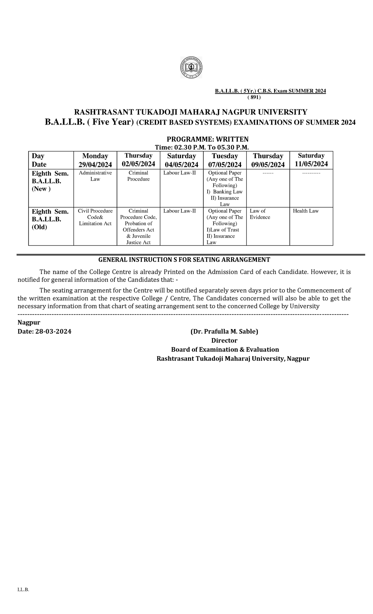 Ballb 8 2 - List - LL. B.A.LL. ( 5Yr.) C.B. Exam SUMMER 2024 ( 891 ...