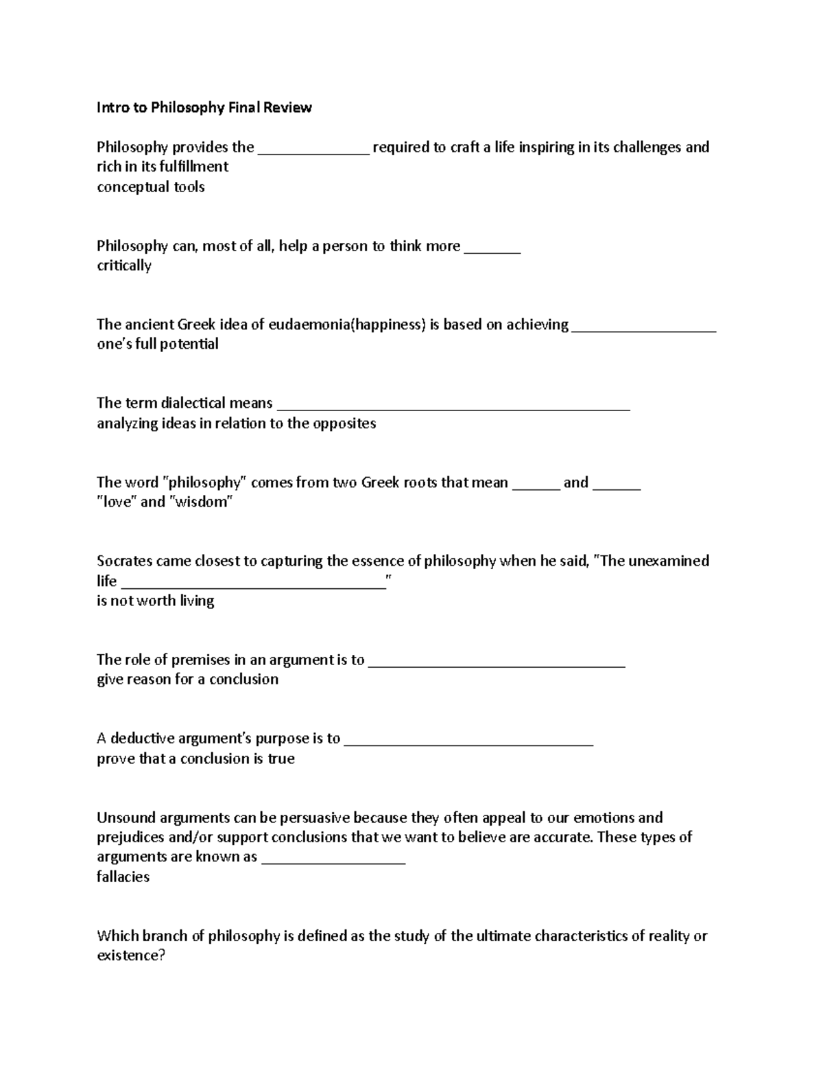 Intro to Philosophy Final Review - Intro to Philosophy Final Review ...