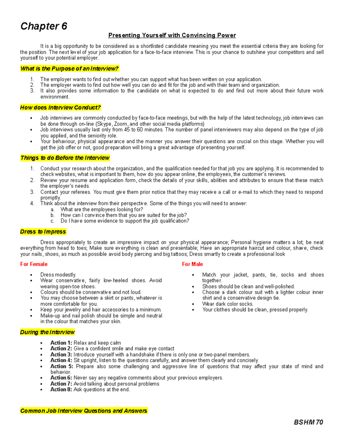 BSHM 70 - notes - Presenting Yourself with Convincing Power It is a big ...