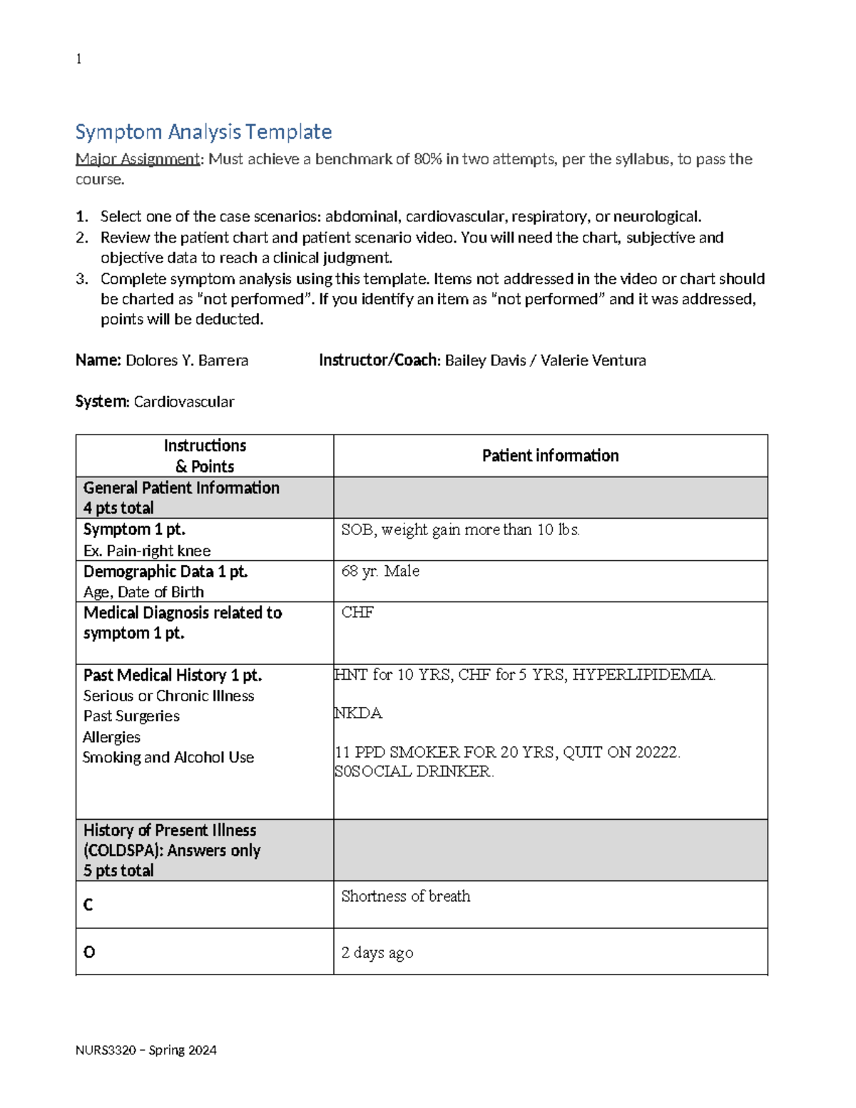 Symptom Analysis Template Fall 2023-2 - Symptom Analysis Template Major Assignment: Must achieve ...