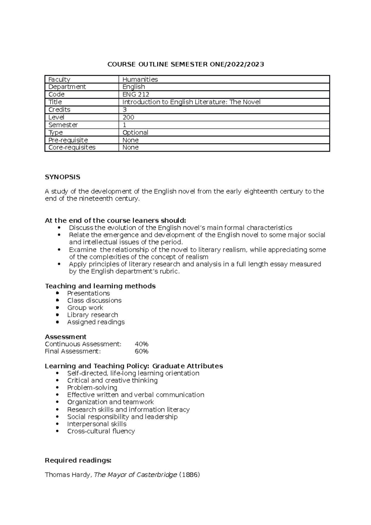 ENG 212 Course Outline 2022 - COURSE OUTLINE SEMESTER ONE/2022/ Faculty ...