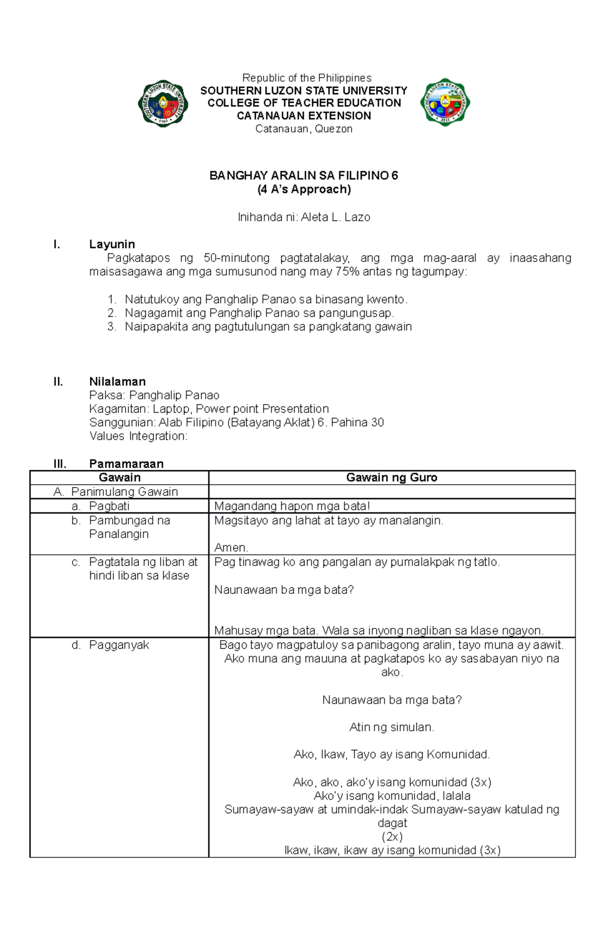 Filipino 6 Lazo - Lesson Plan - Republic of the Philippines SOUTHERN ...