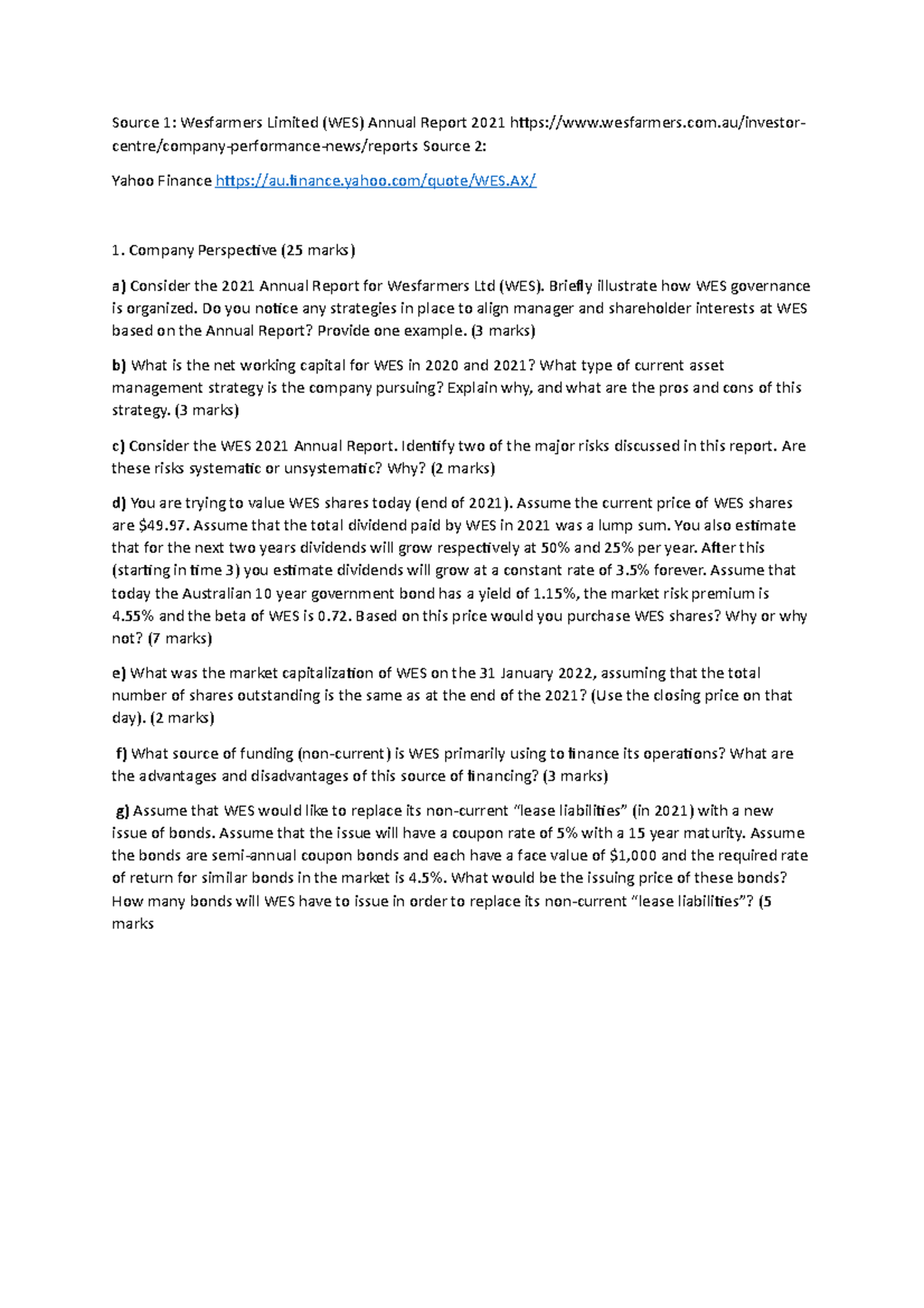 Finance - case study - Source 1: Wesfarmers Limited (WES) Annual Report ...