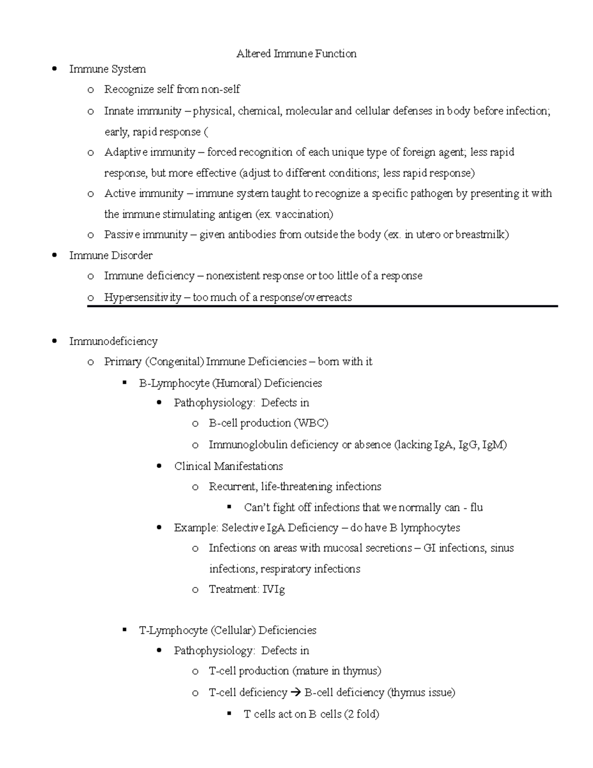 Immune Disorders - Altered Immune Function Immune System o Recognize ...