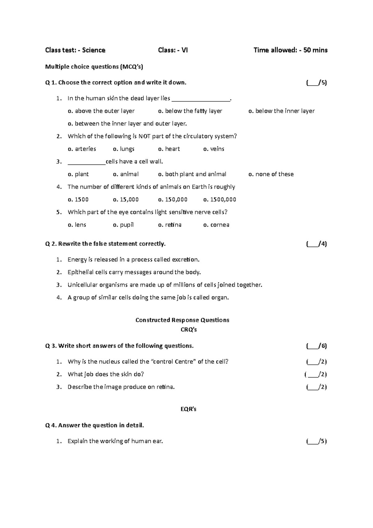 Science test 6 - maths - Class test: - Science Class: - VI Time allowed ...