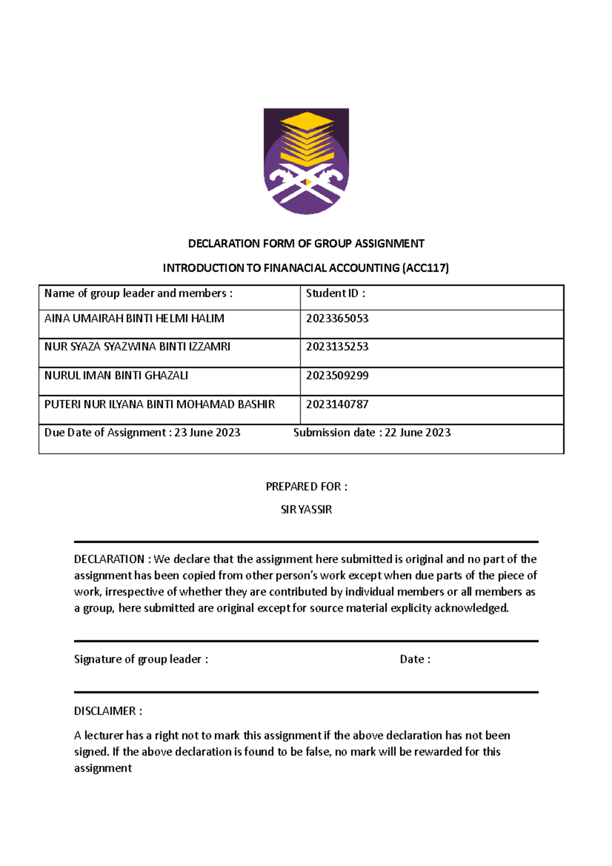 First PAGE ACC117 copy - dfghmnbvcx - DECLARATION FORM OF GROUP ASSIGNMENT INTRODUCTION TO - Studocu