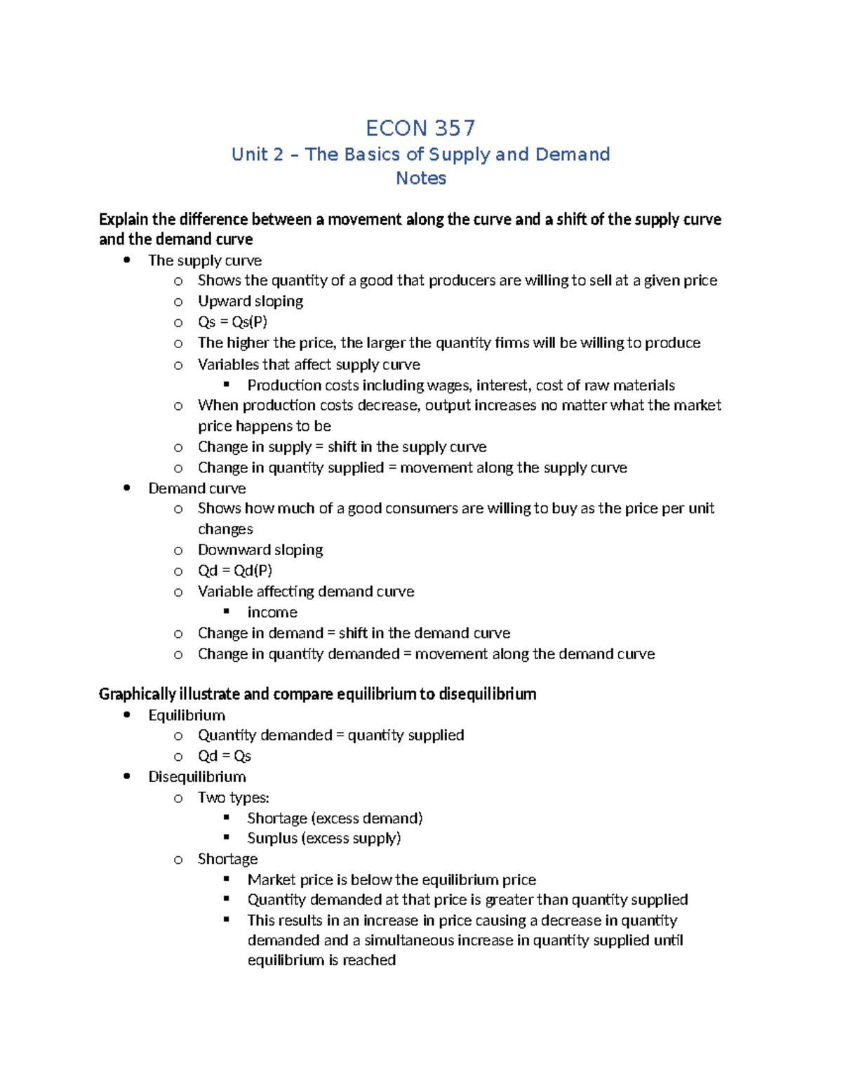 Unit 2 – The Basics of Supply and Demand - ECON 357 Unit 2 – The Basics ...