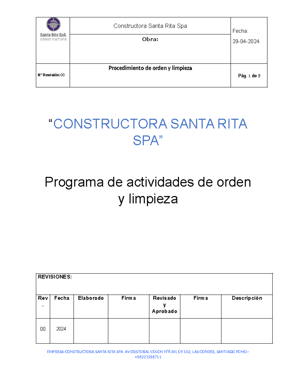 Orden y limpieza word - Fecha: Obra: 29-04- N° Revisión: Procedimiento ...