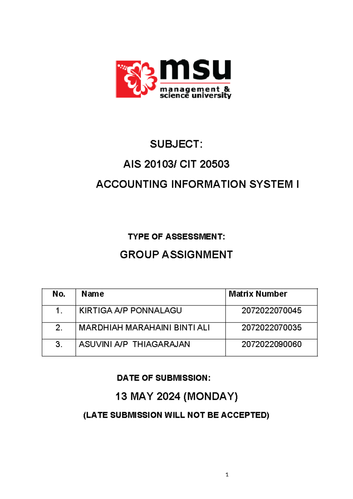 AIS Group 5 Assignment Final - SUBJECT: AIS 20103/ CIT 20503 ACCOUNTING INFORMATION SYSTEM I ...
