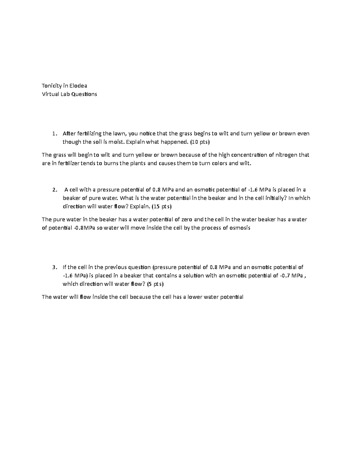 Tonicity in Elodea - questions and answers reguarding - Tonicity in ...