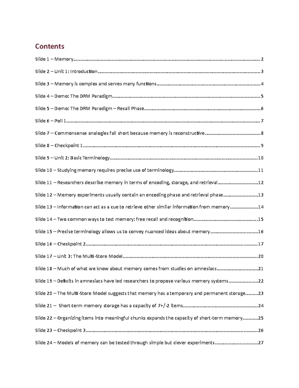 memory web module transcripts - Contents Slide 1 – - Studocu