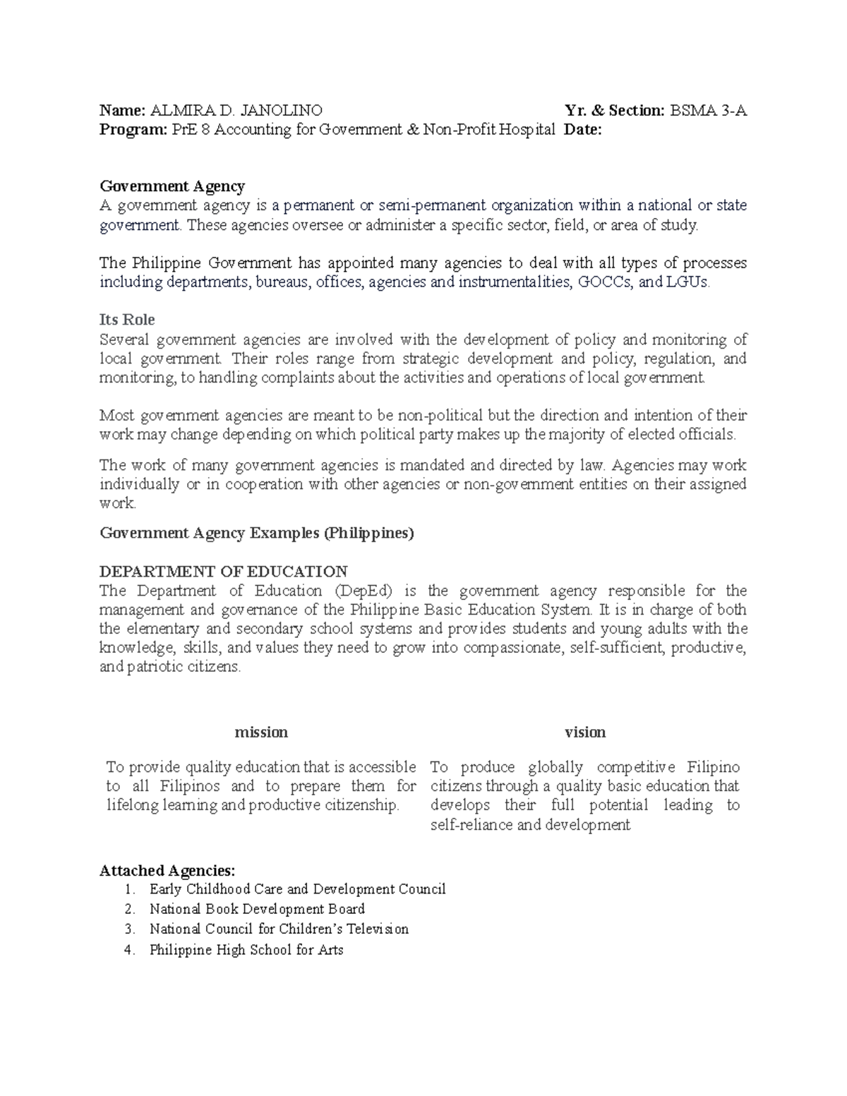 Government Agency Assignment - Name: ALMIRA D. JANOLINO Yr. & Section ...