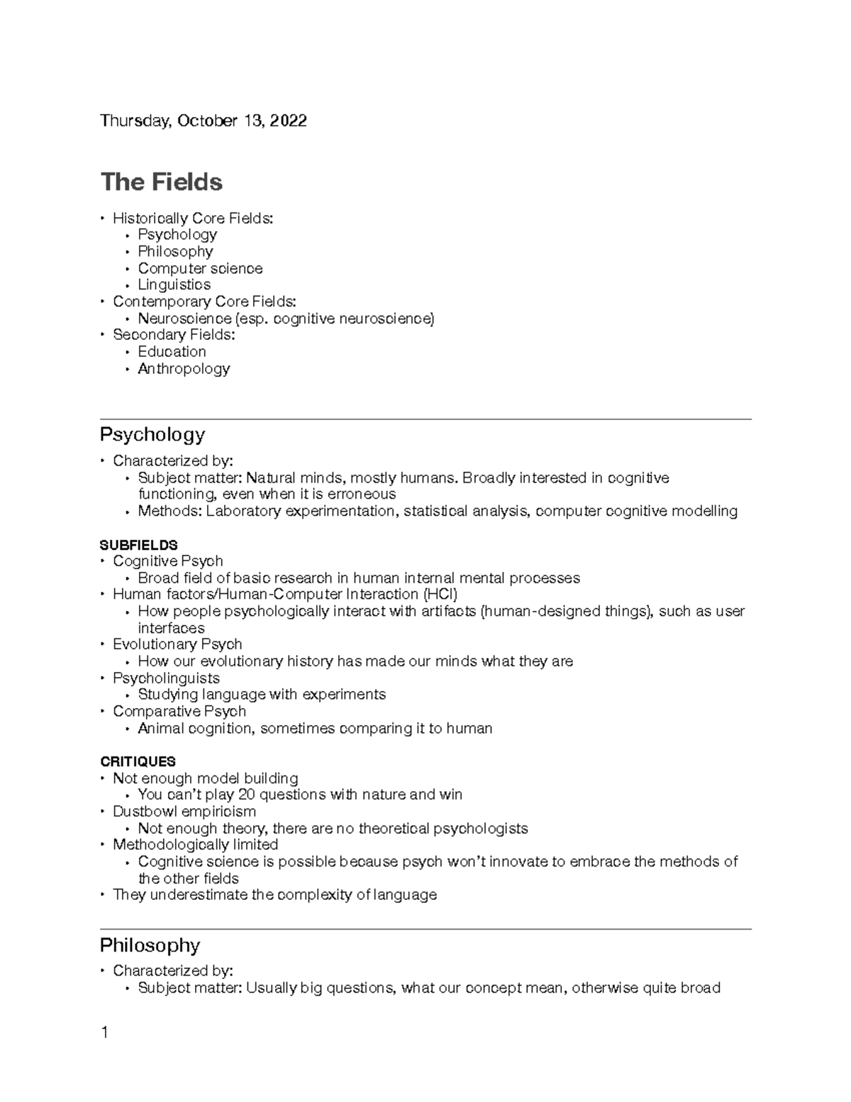 CGSC 1001- Fields - Thursday, October 13, 2022 The Fields Historically Core Fields: Psychology ...