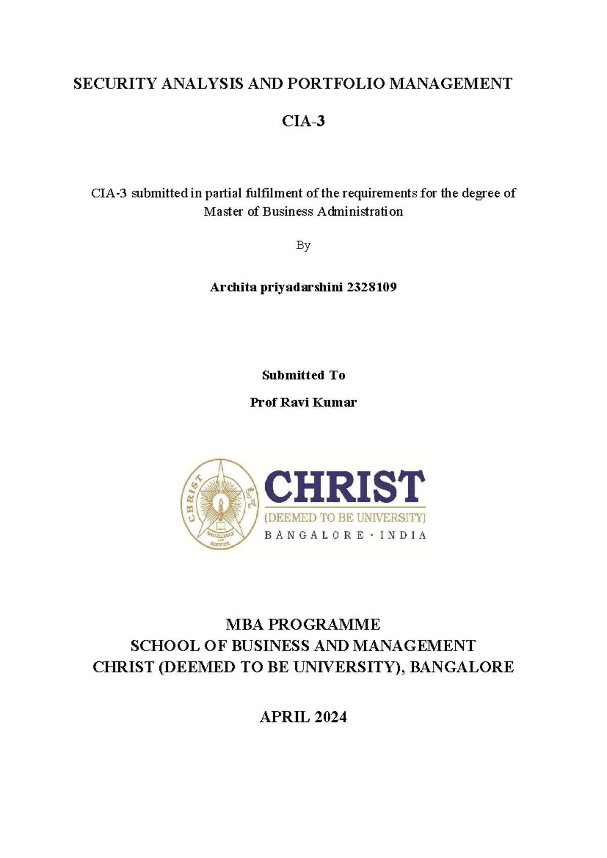 Sapm cia 3 report - sapm - SECURITY ANALYSIS AND PORTFOLIO MANAGEMENT CIA- CIA-3 submitted in ...