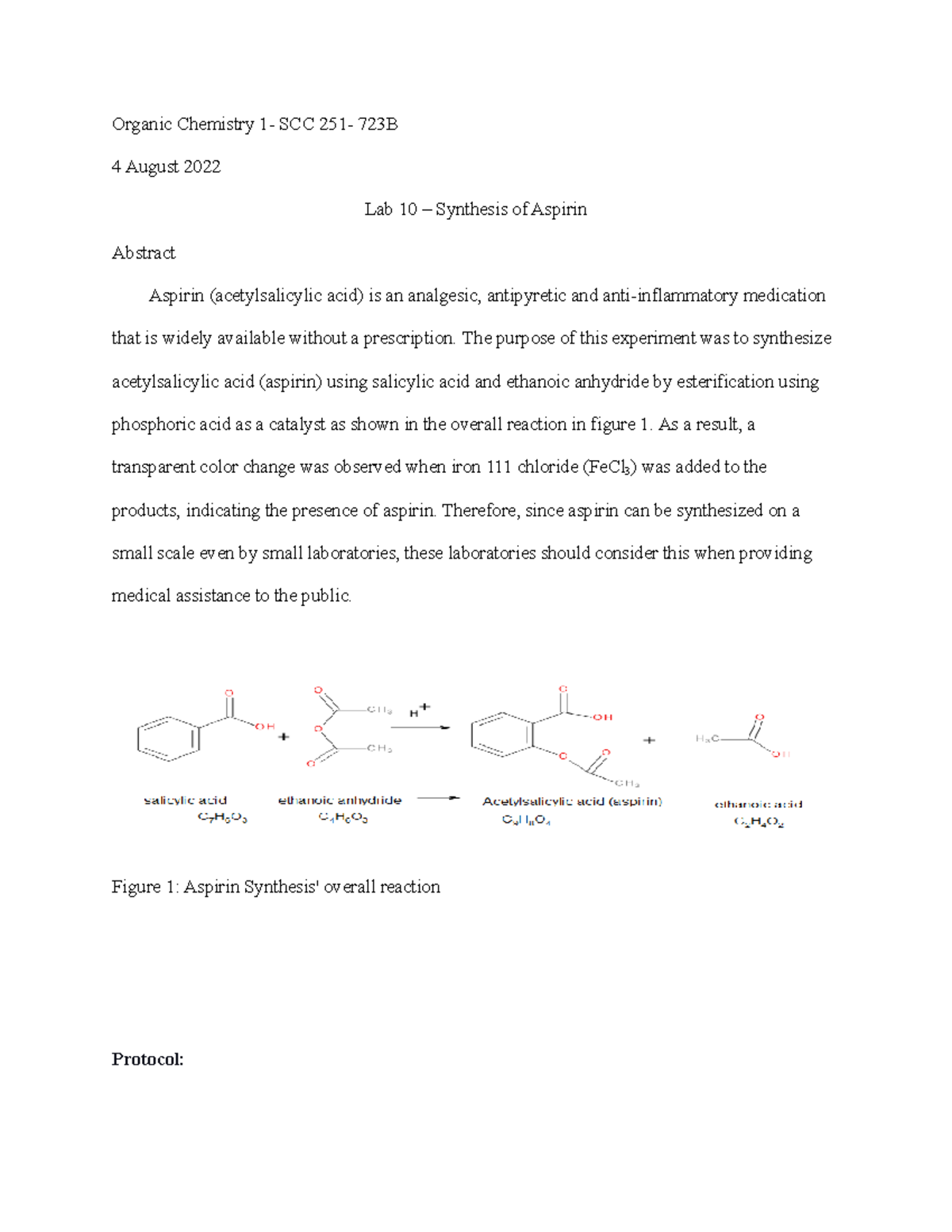 Lab 10 Synthesis of Aspirin - Organic Chemistry 1- SCC 251- 723B 4 ...