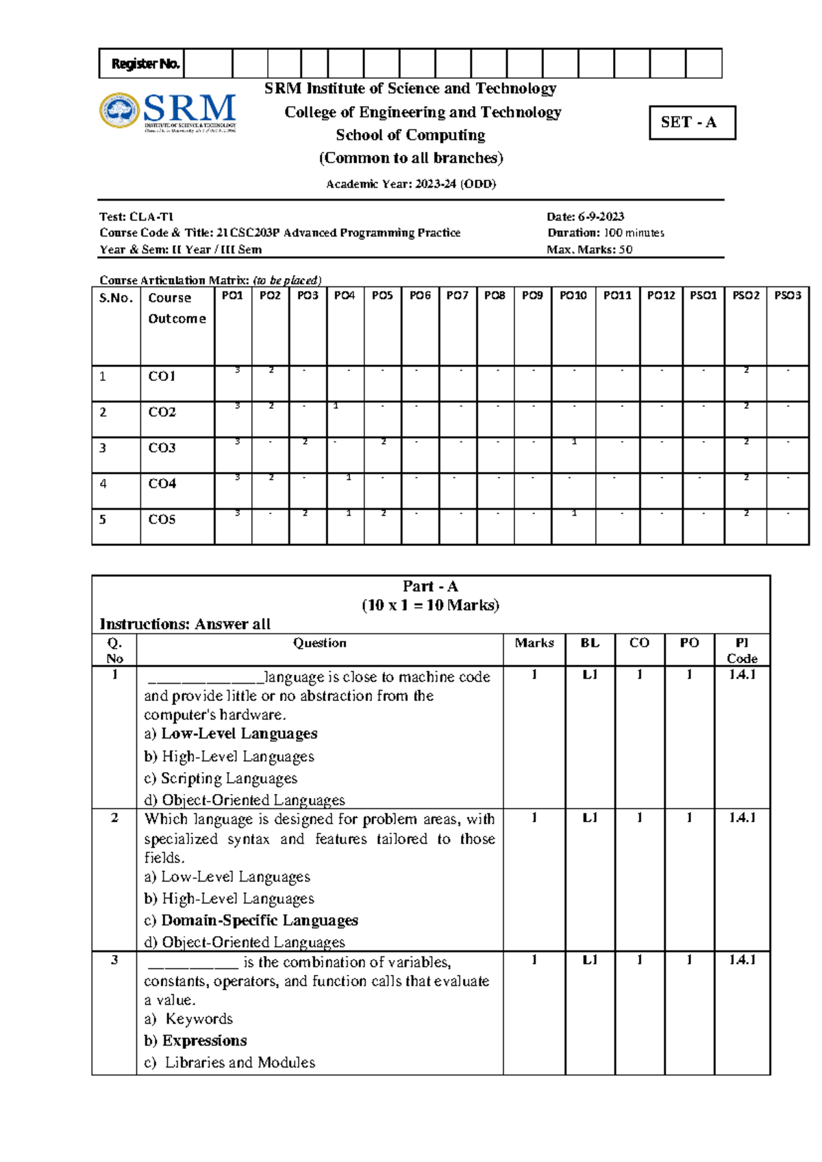 Set A CT1 ANSWERS - Register No. SRM Institute of Science and ...