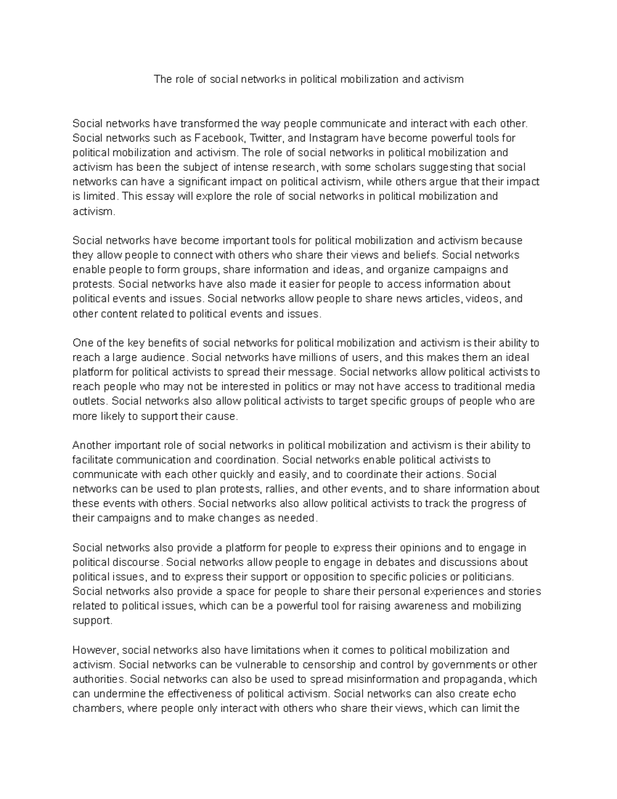 The role of social networks in political mobilization and activism ...