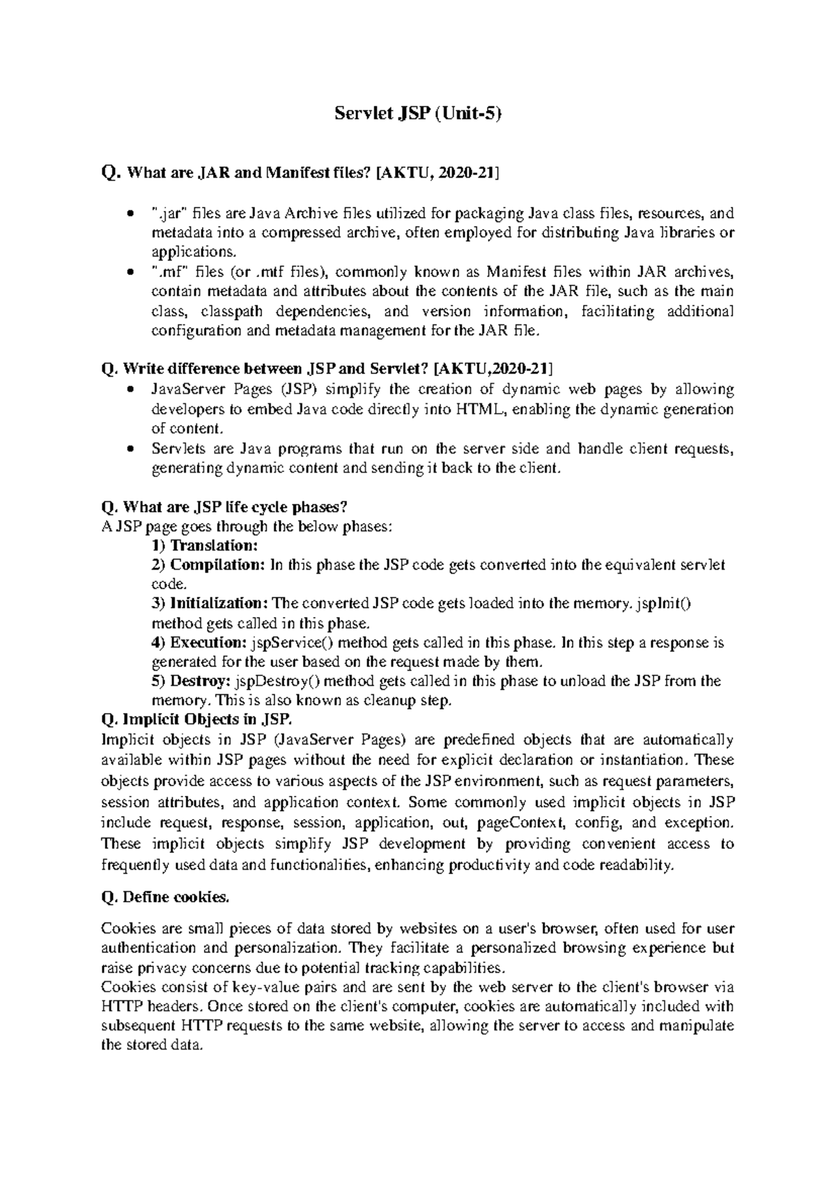 Servlet JSP Unit-5 - Servlet JSP (Unit-5) Q. What are JAR and Manifest ...