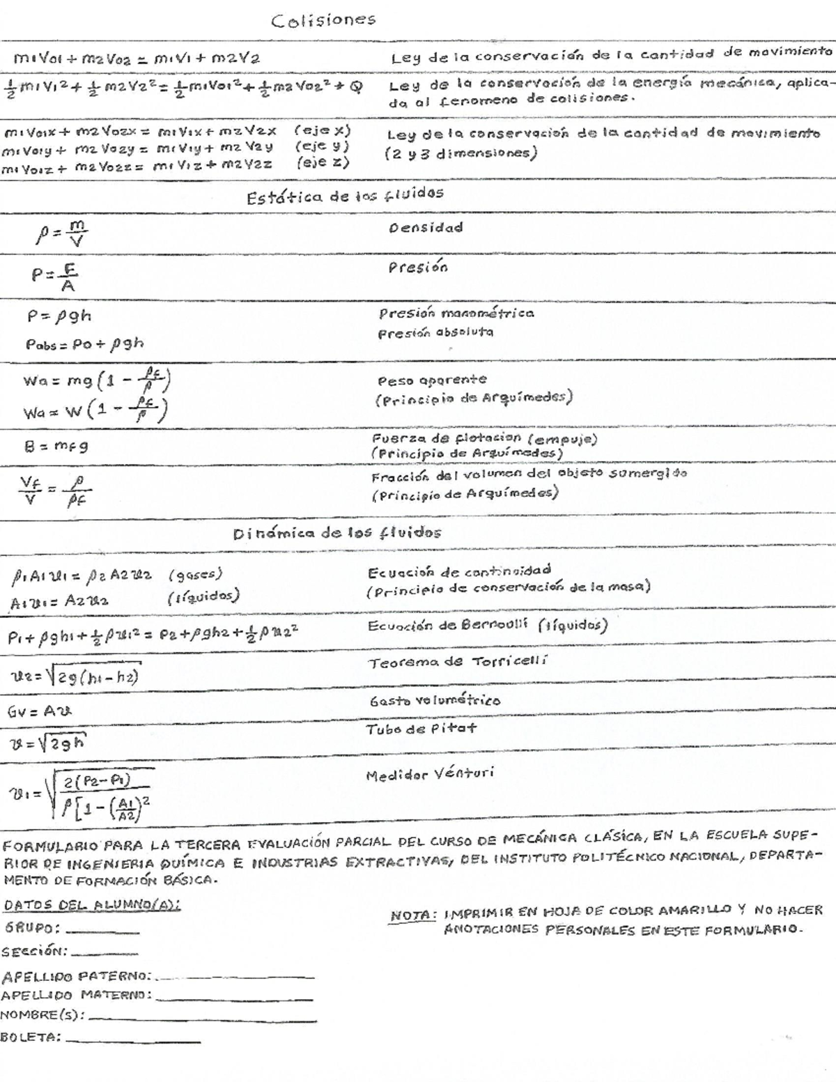 Formulario 3ER Parcial - Colisiones movol Ley de la conservación de la ...