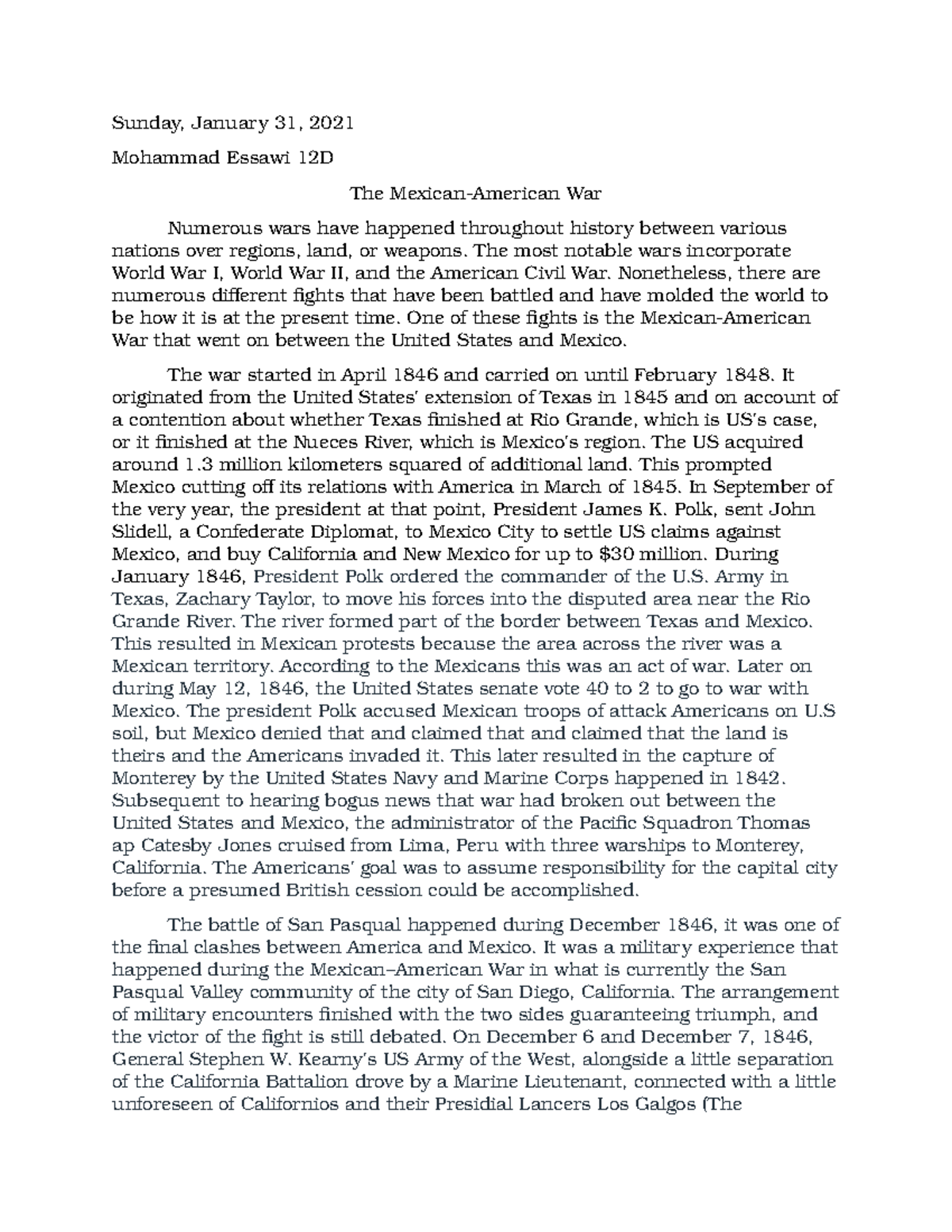 Mexican-American War assignment - Sunday, January 31, 2021 Mohammad ...