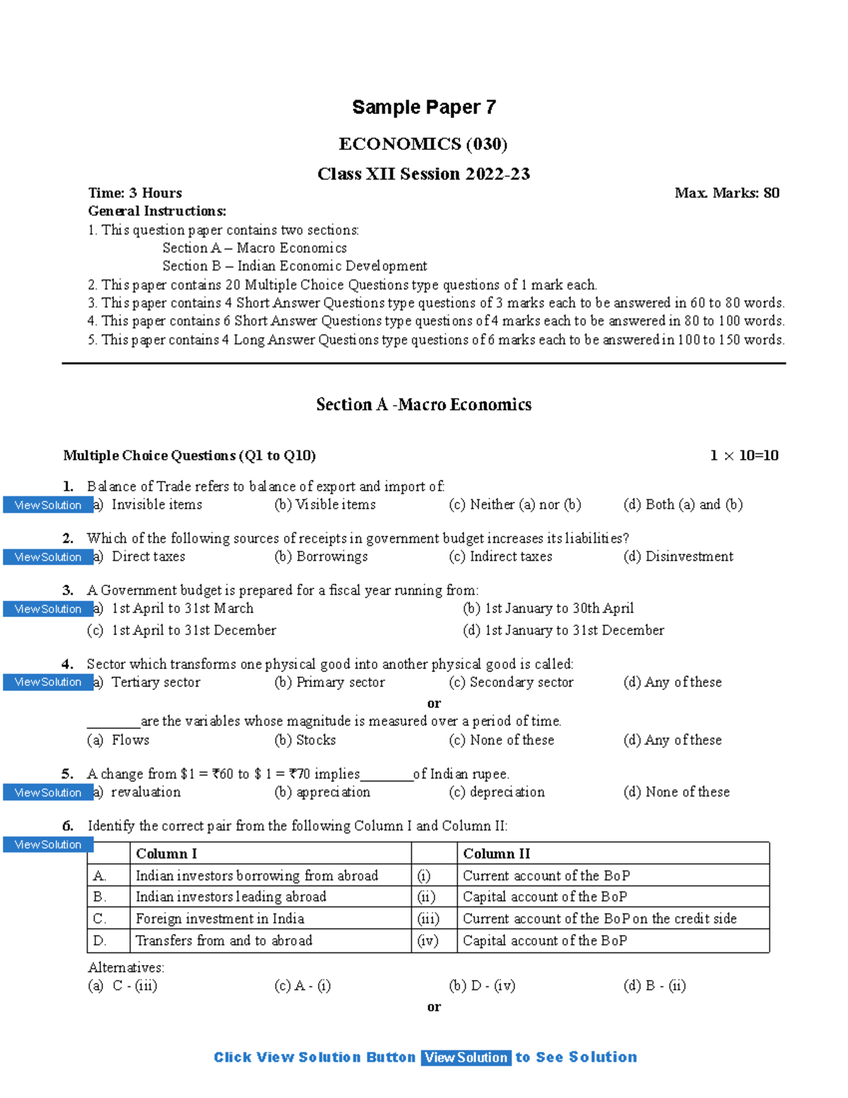 Cbleecpl 07 - Sqp - Sample Paper 7 ECONOMICS (030) Class XII Session ...