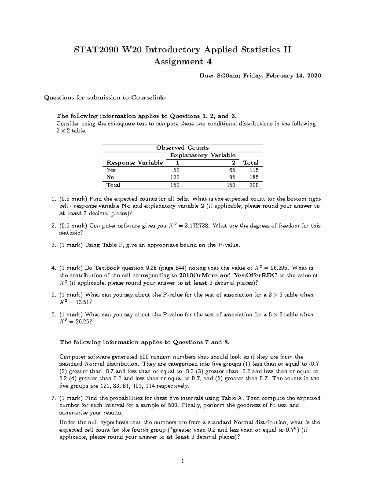 ST2090 Assignment 4 W20 - STAT2090 W20 Introductory Applied Statistics ...