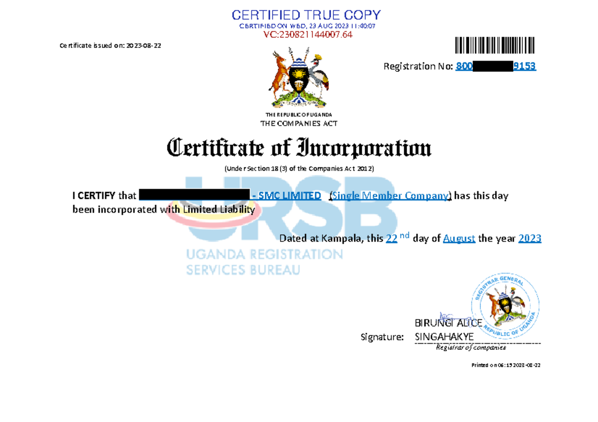 SMC Forms Redacted - Registration No: 800 9153 Certificate issued on: 2023-08- THE REPUBLIC OF ...