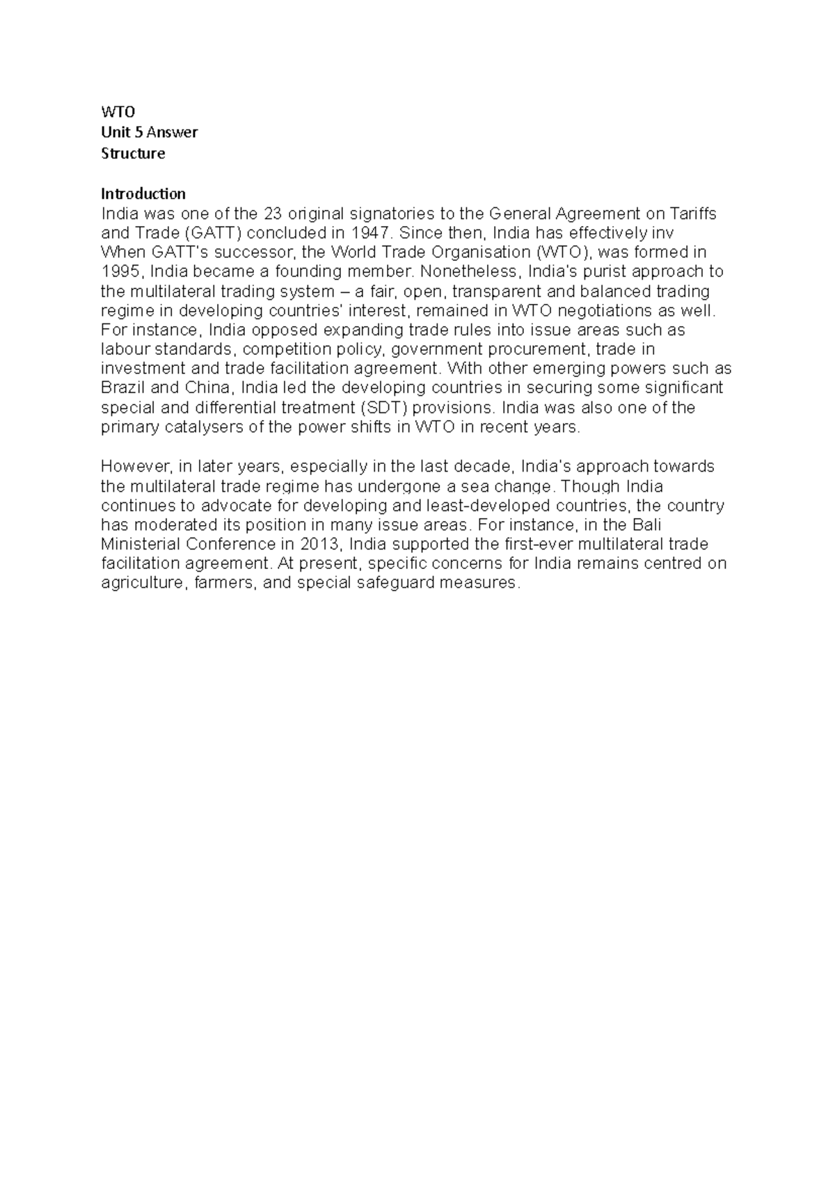 world trade organisation - WTO Unit 5 Answer Structure Introduction ...