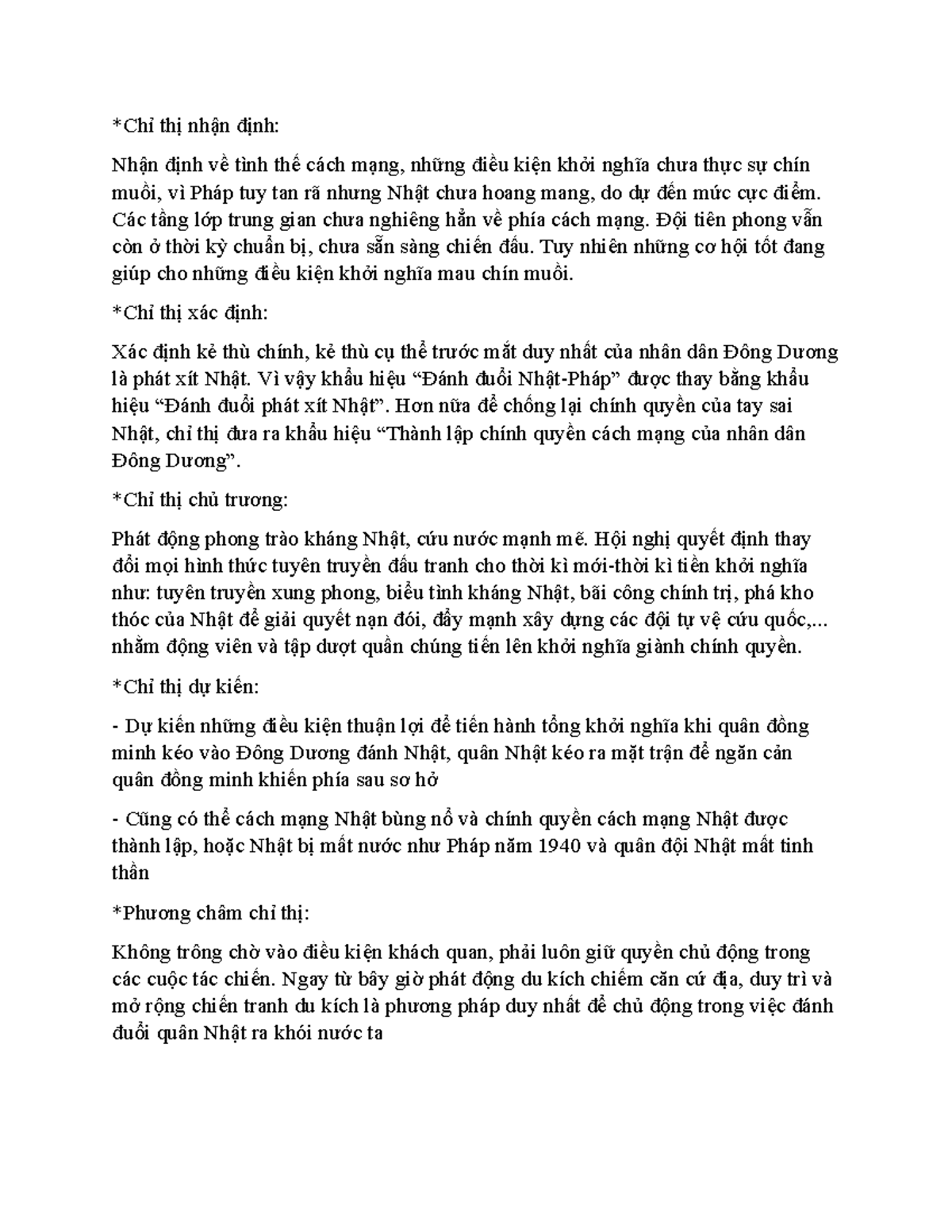 Câu 5 - Lịch sử đang câu 5 - *Chỉ thị nhận định: Nhận định về tình thế cách mạng, những điều ...